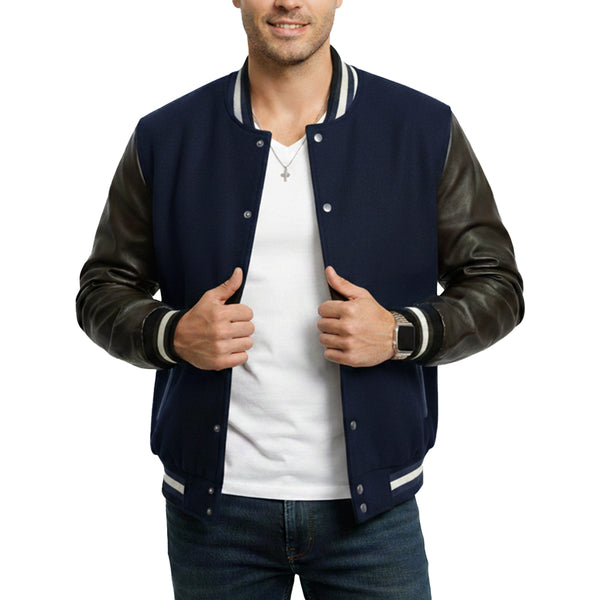 Navy Blue Varsity Jacket with Leather Sleeves - Classic Style